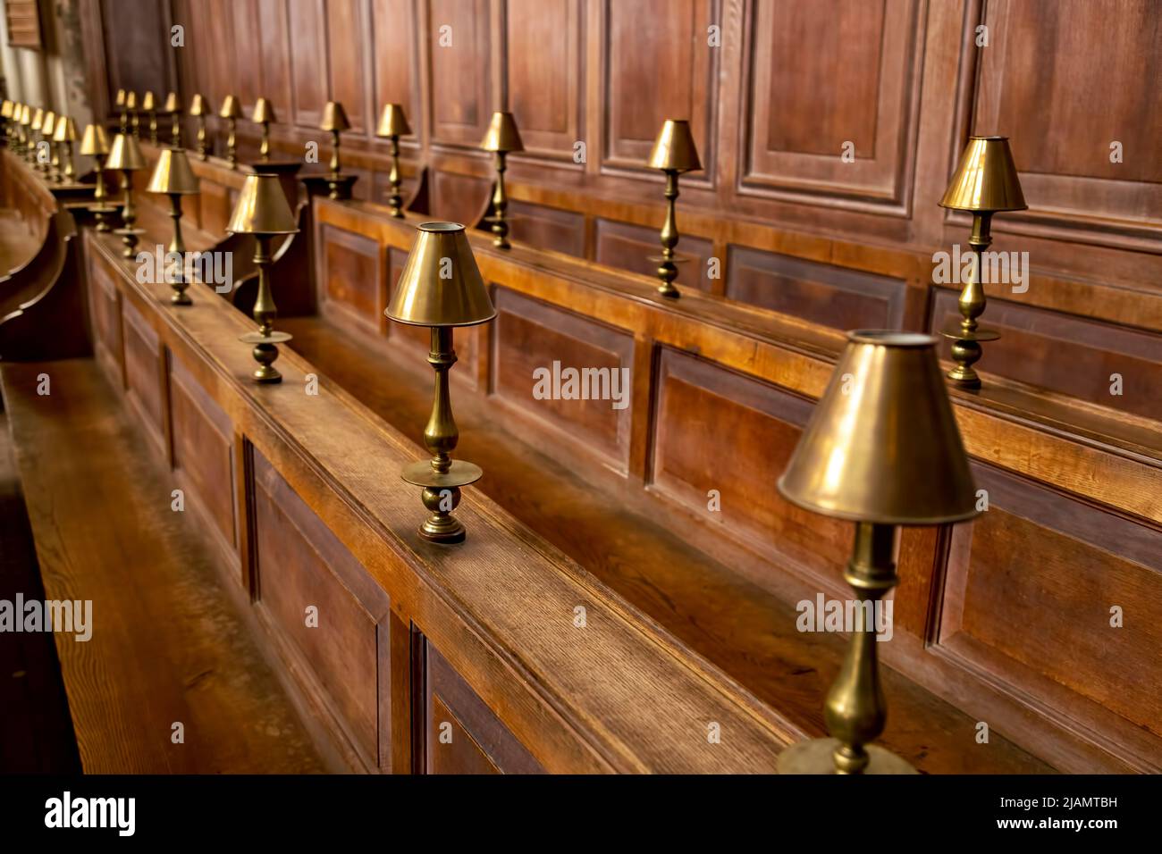 Interior view of the Guild Chapel of the Holy Cross with its wooden ...