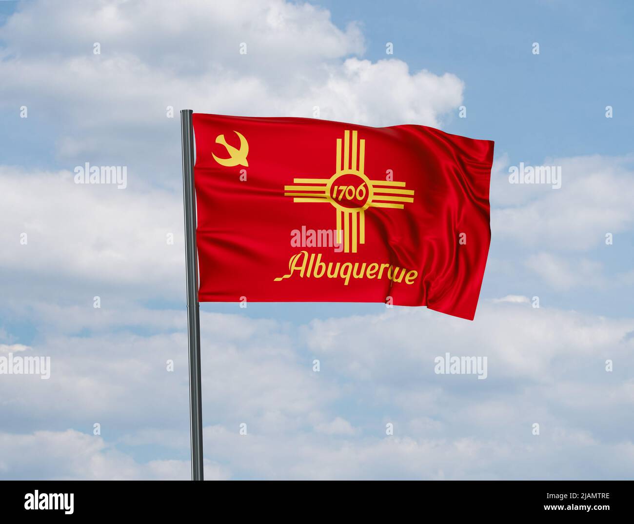 Albuquerque city US flag waving in the wind on sky background Stock ...