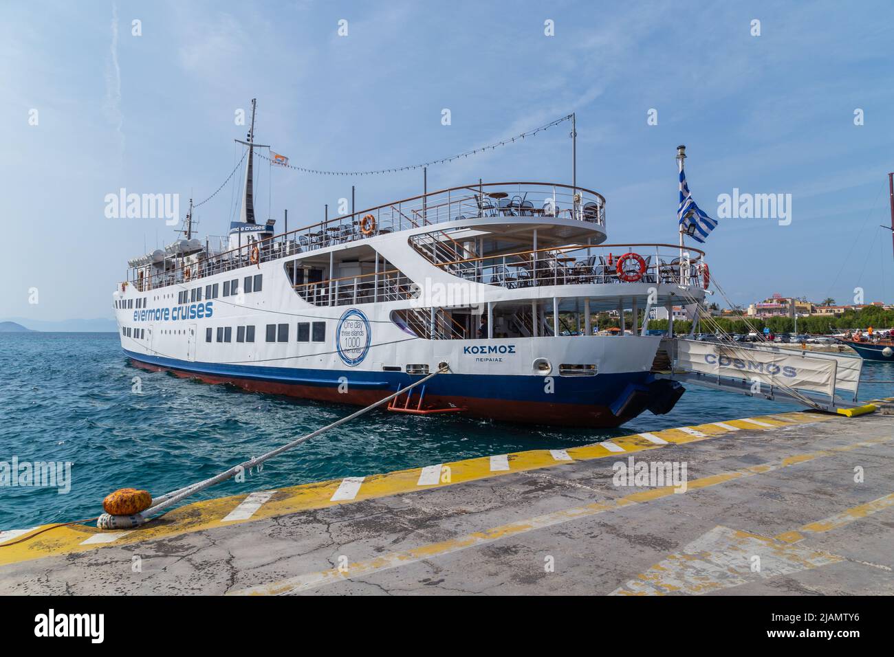 Pireas Greece: May 07 2022: Ferry boats cruise ships docking at the ...