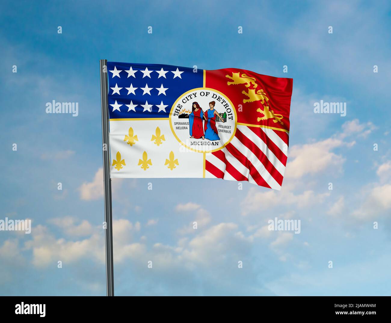 Detroit city US flag waving in the wind on sky background Stock Photo ...