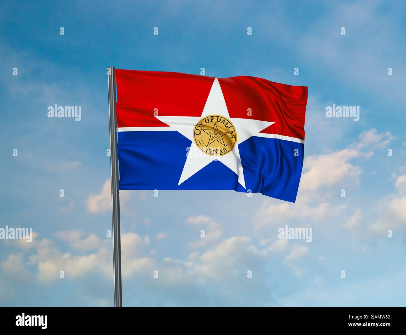 Dallas city US flag waving in the wind on sky background Stock Photo ...