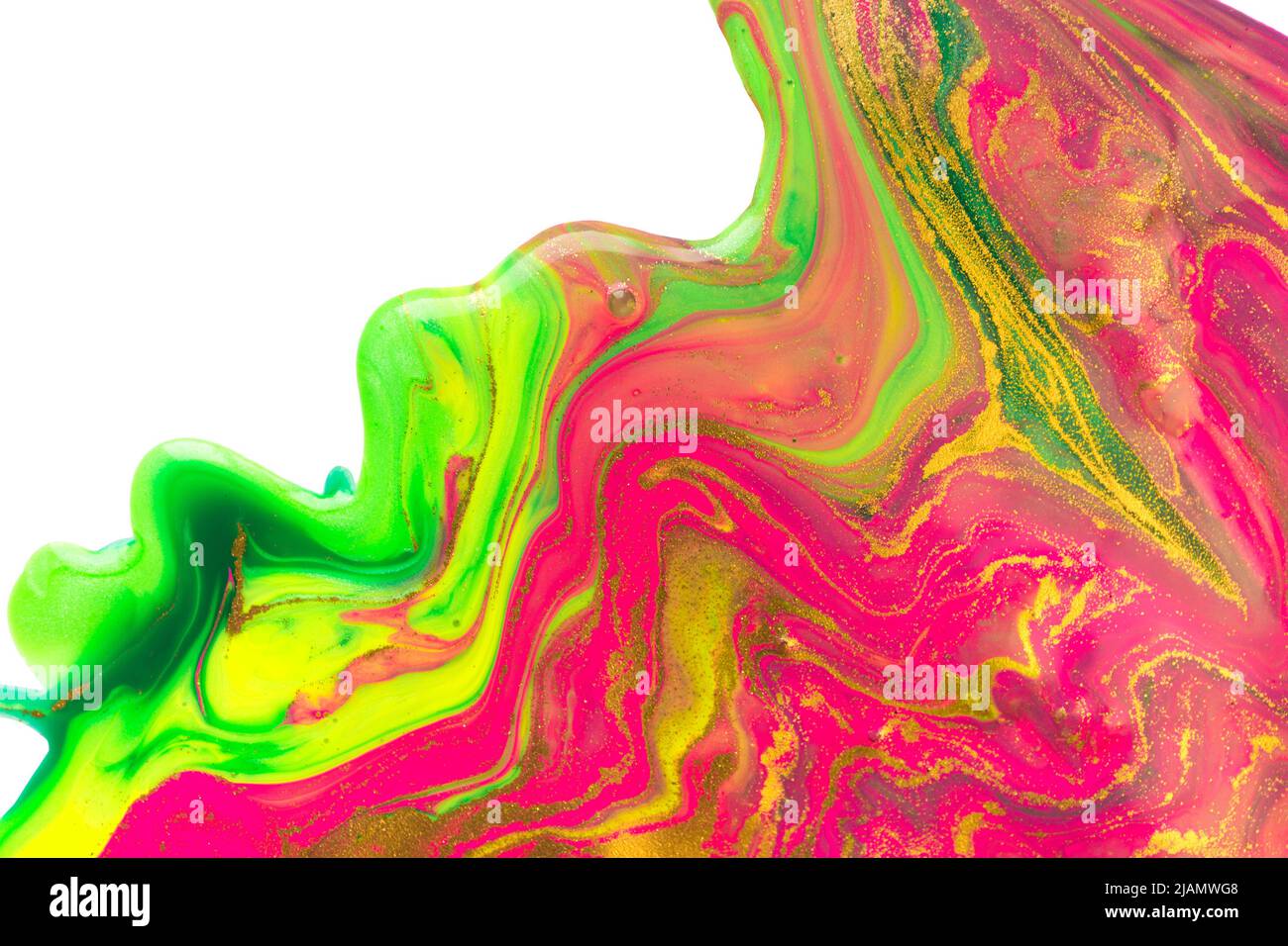 Gold dust waves on liquid fluorescent paints on white background Stock ...