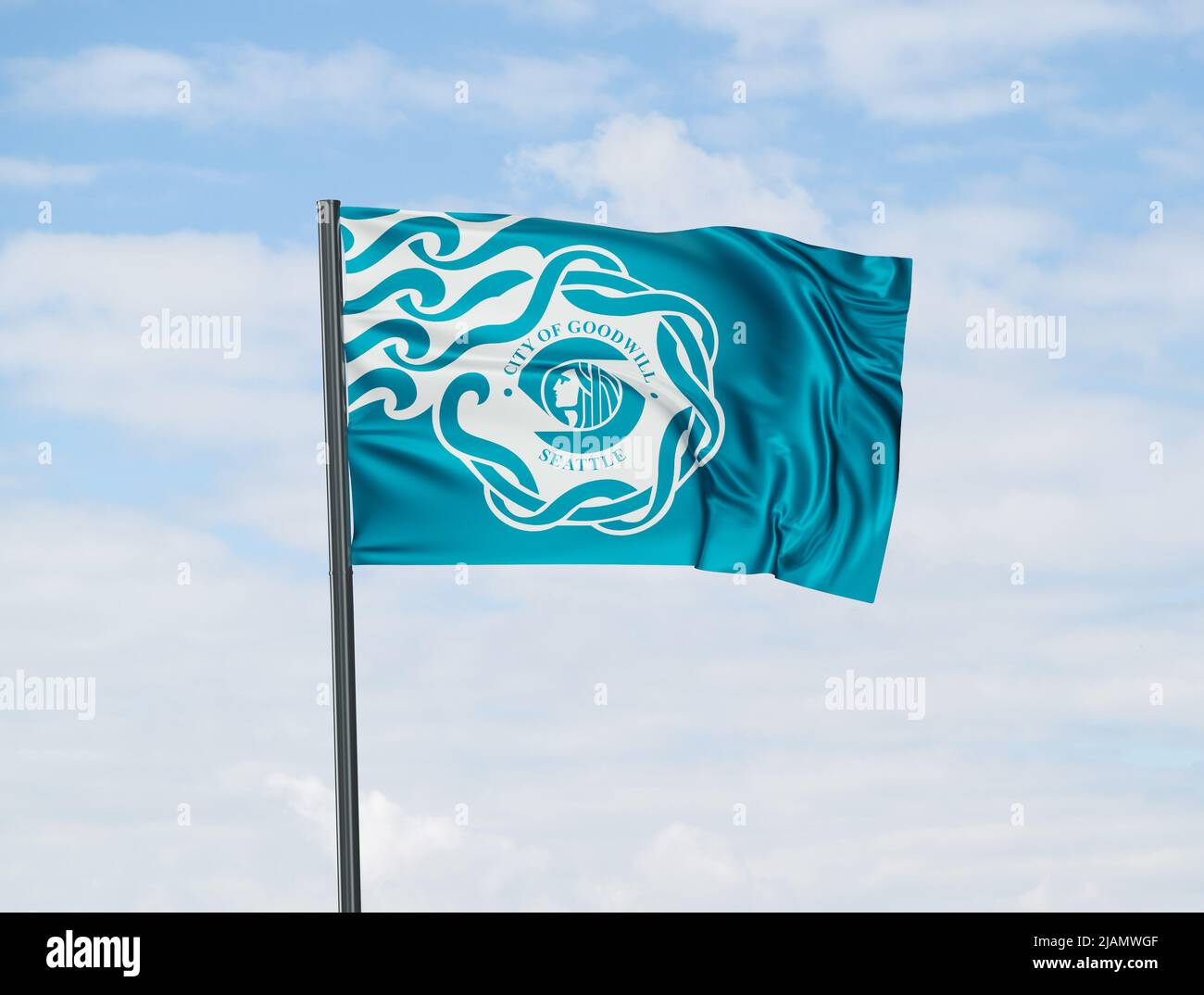 Seattle city US flag waving in the wind on sky background Stock Photo ...