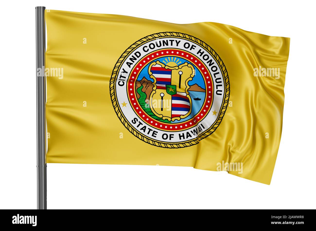 Honolulu city US flag waving in the wind on white background Stock ...