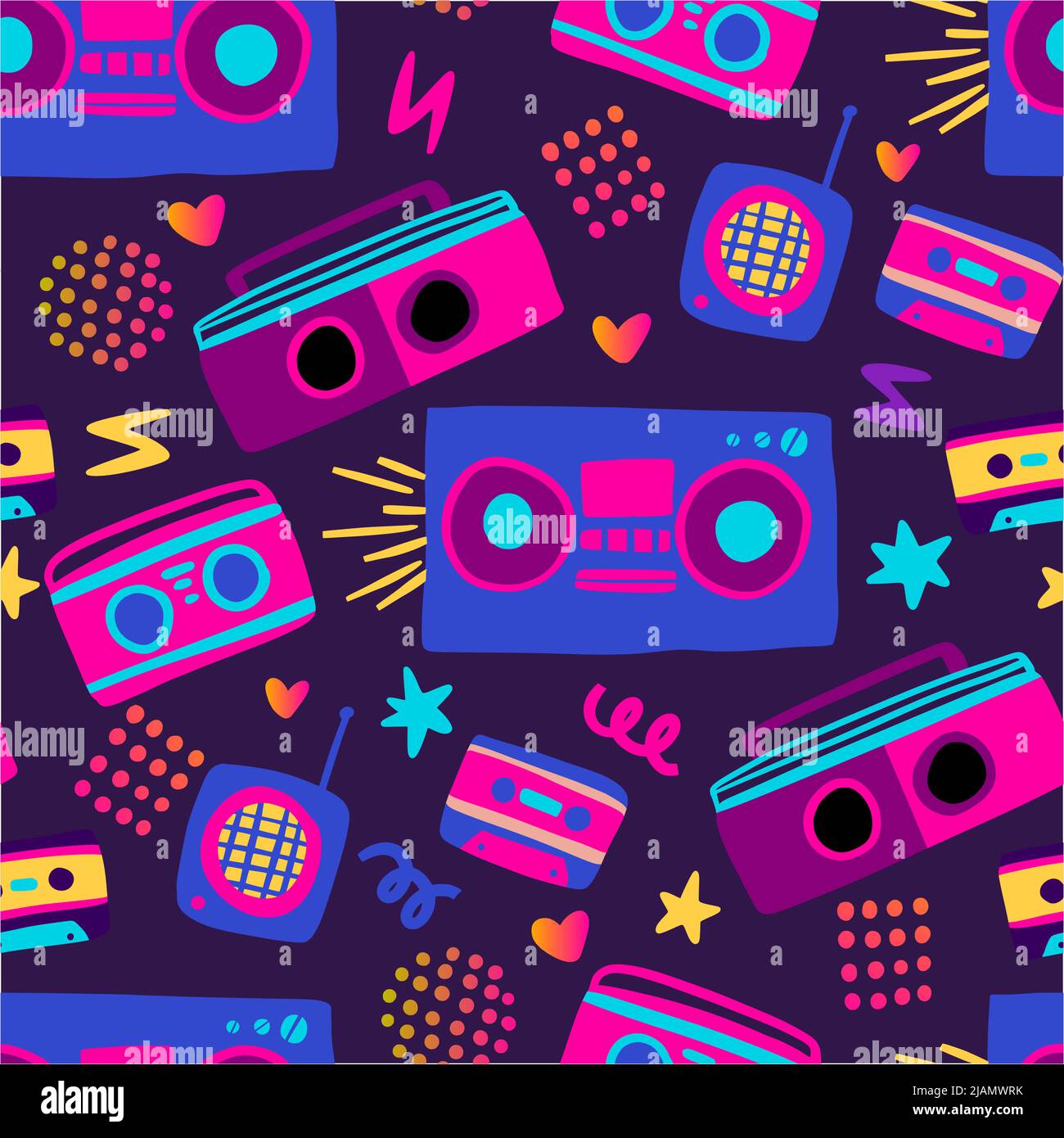 Tape recorder radio seamless pattern 80s illustration. Vector music ...
