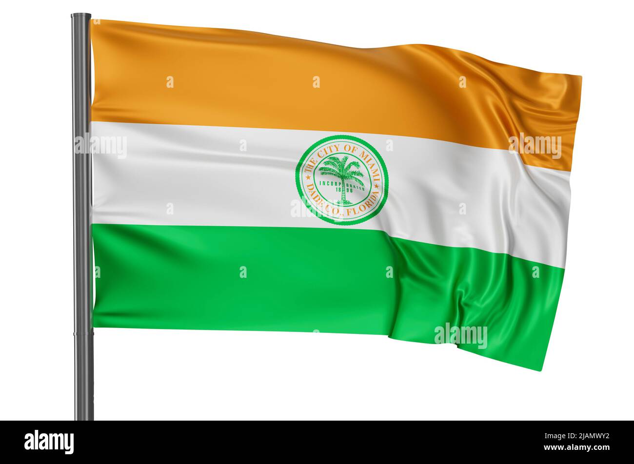 Miami city US flag waving in the wind on white background Stock Photo ...