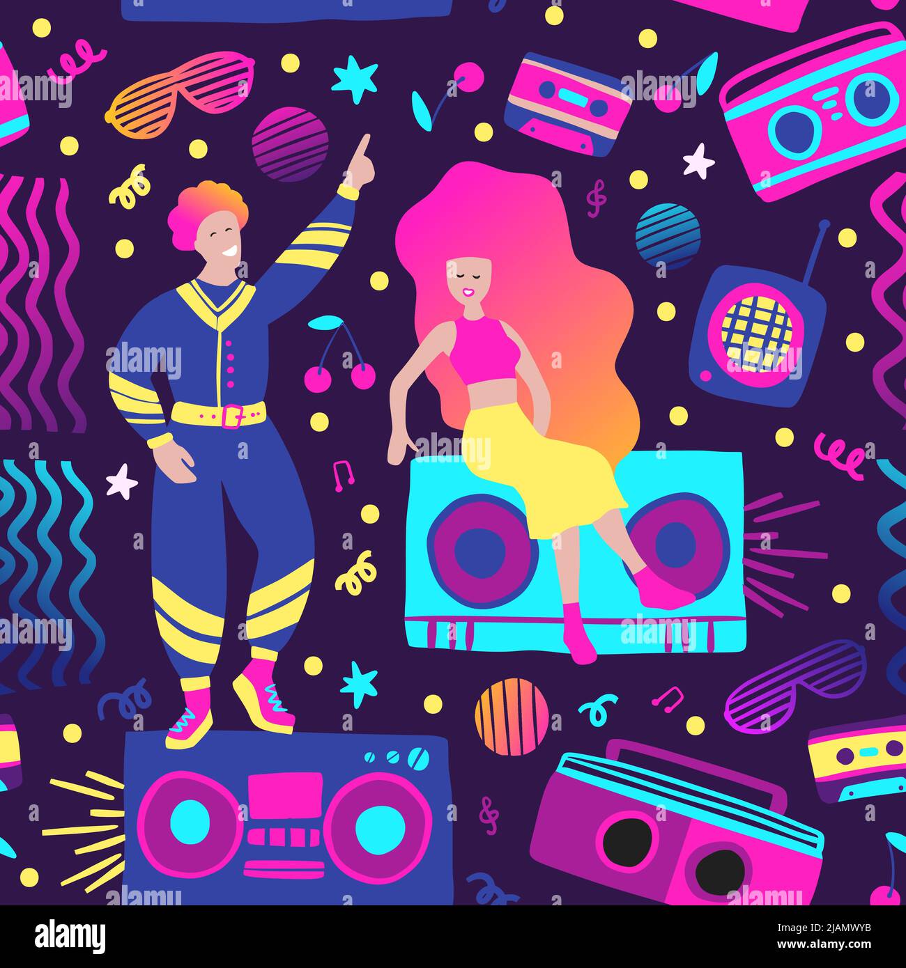Tape recorder radio seamless pattern 80s illustration. Girl and boy ...