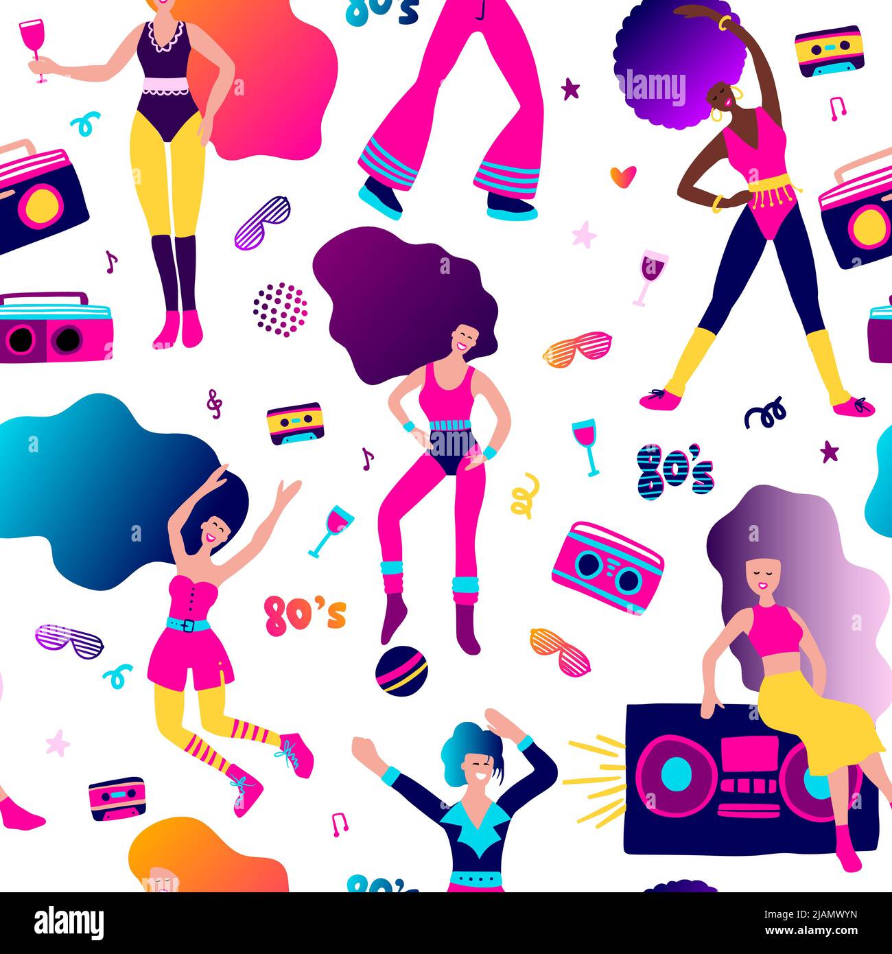 Tape recorder radio seamless pattern 80s illustration. Girl and boy ...