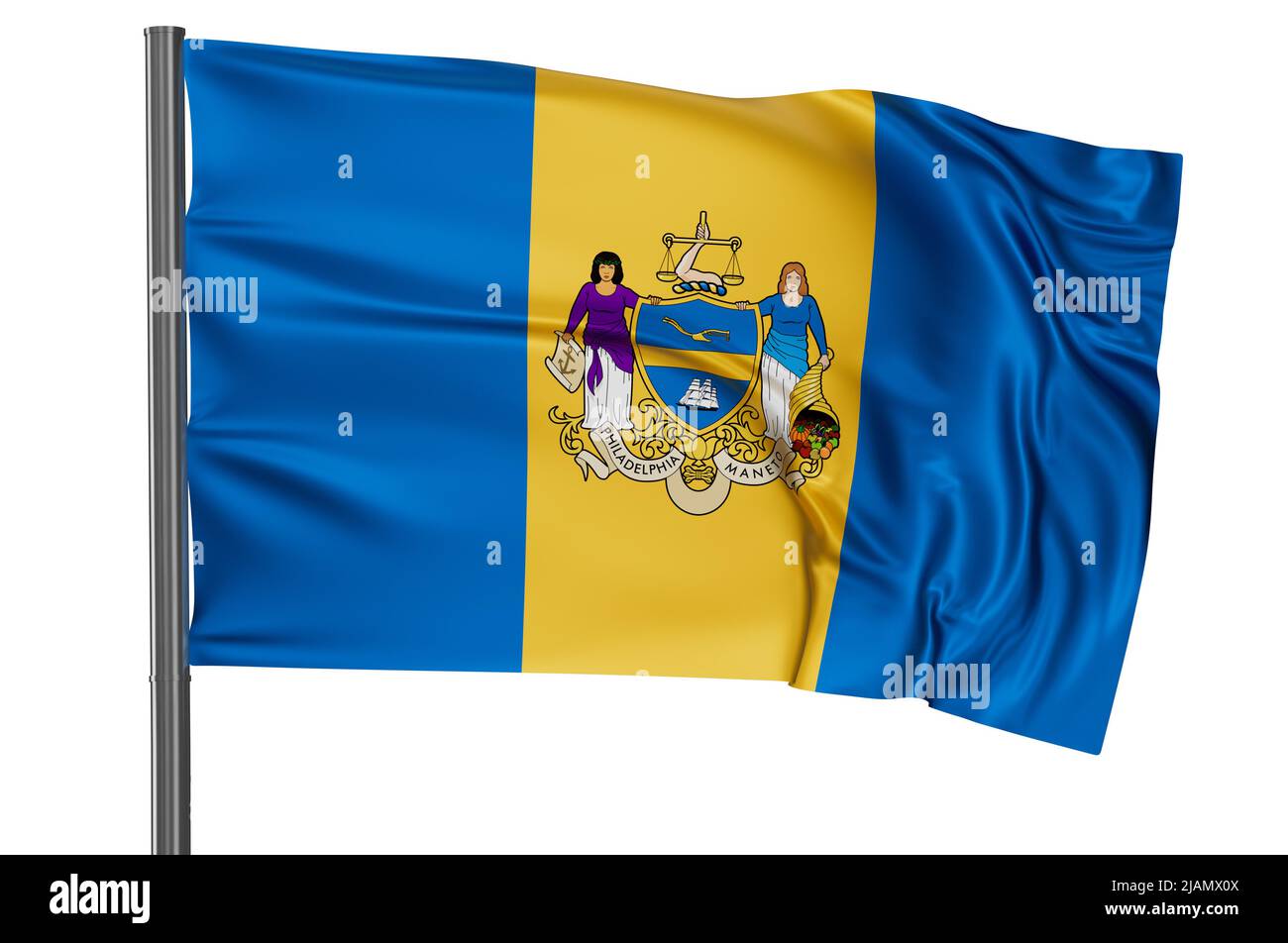 Philadelphia city US flag waving in the wind on white background Stock ...