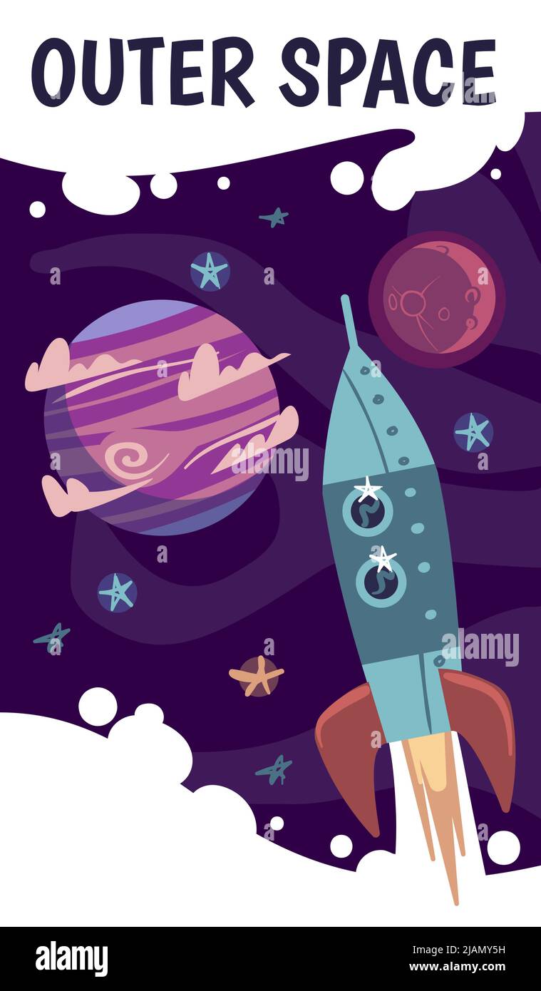 Cartoon space flyer. Celestial objects, spaceship and planets in cosmos ...