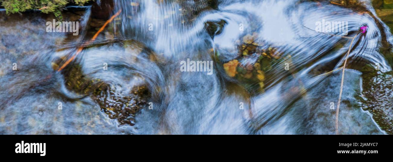 Blue water swirling around rocks. Slow shutter speed makes softer ...
