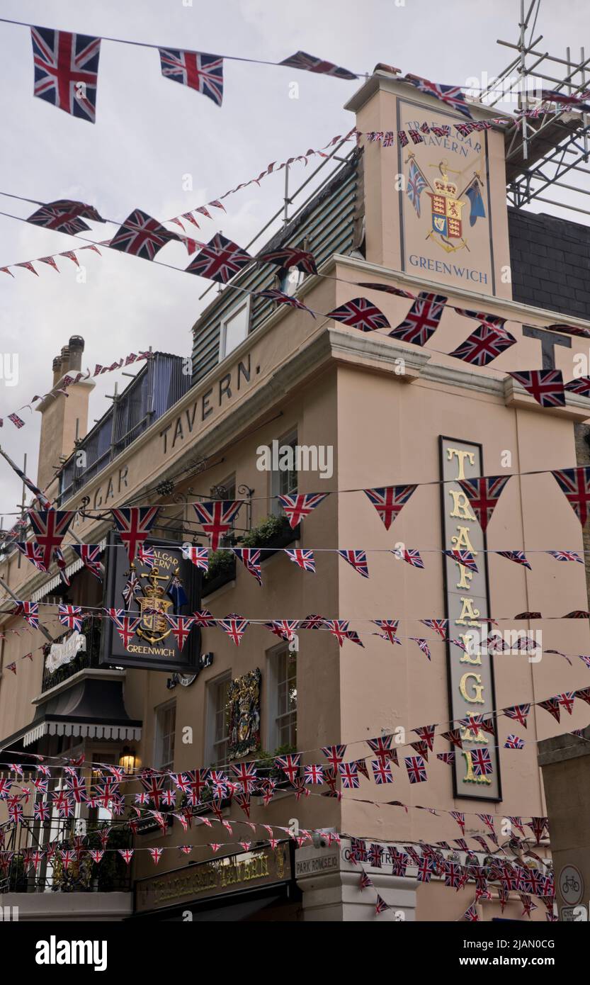 Union Jack flags and customers at The Trafalgar pub celebrating Queen ...