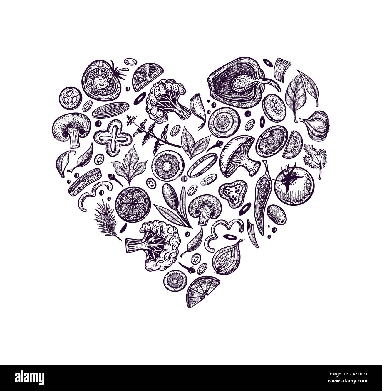 Vegetables in the shape of a heart. Hand-drawn illustration. Vegetarian ...