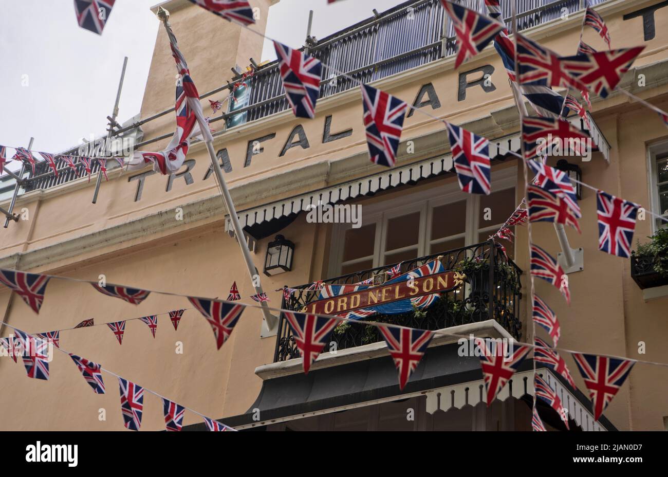 Union Jack flags and customers at The Trafalgar pub celebrating Queen ...
