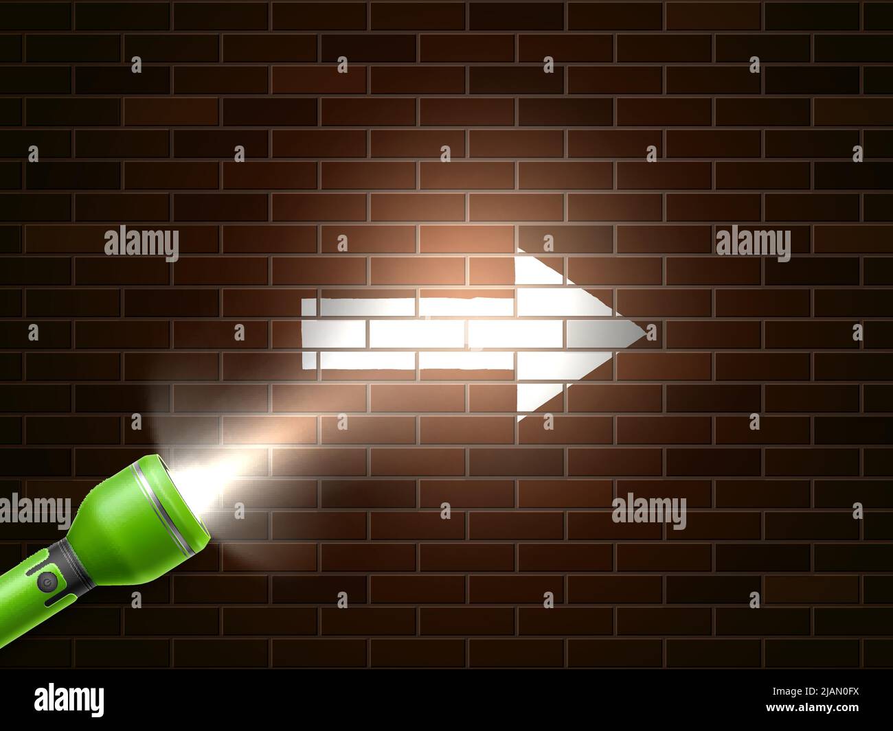 Realistic flashlight. Tourist pocket light illuminates brick wall part ...