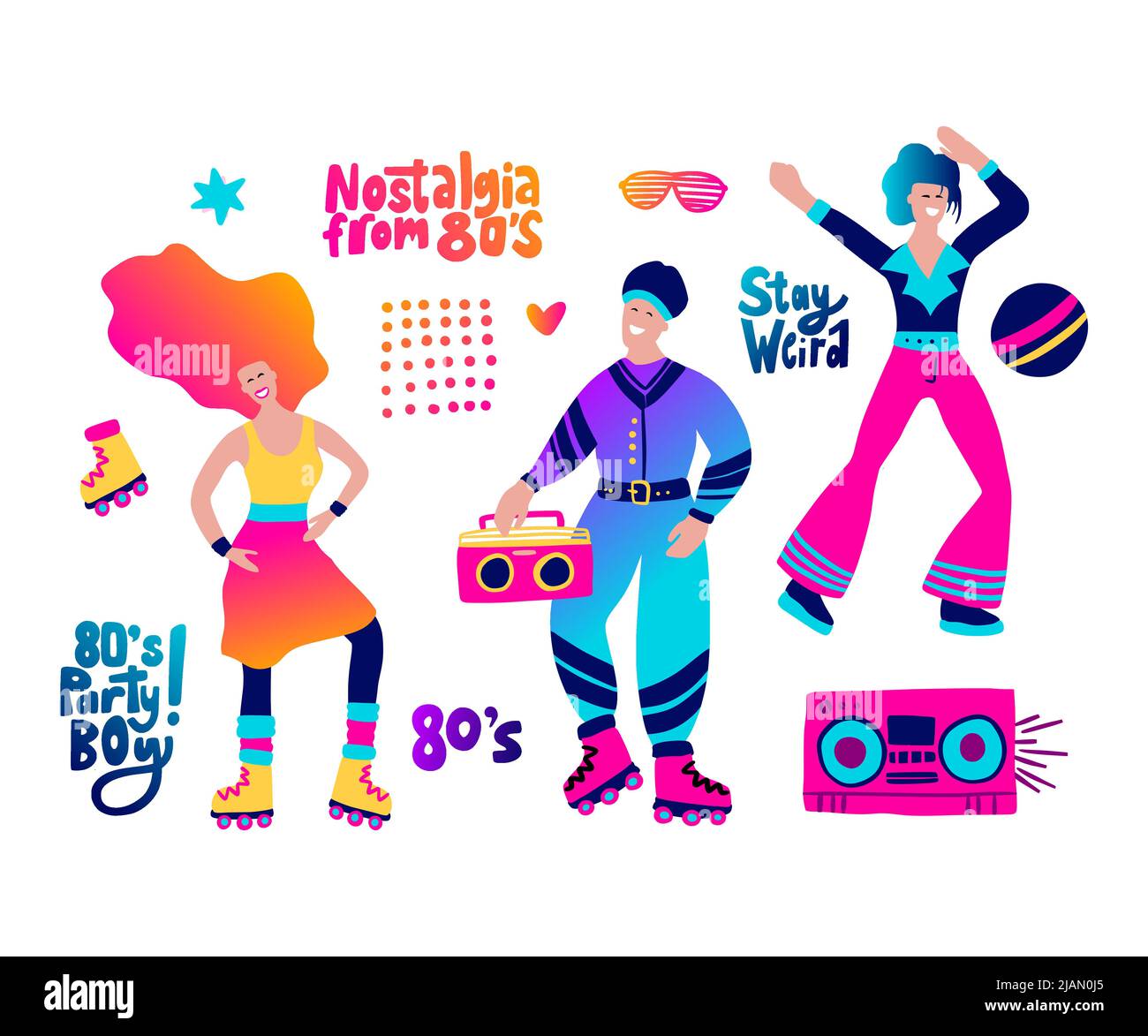 80s party people cartoon gradient character set and lettering ...