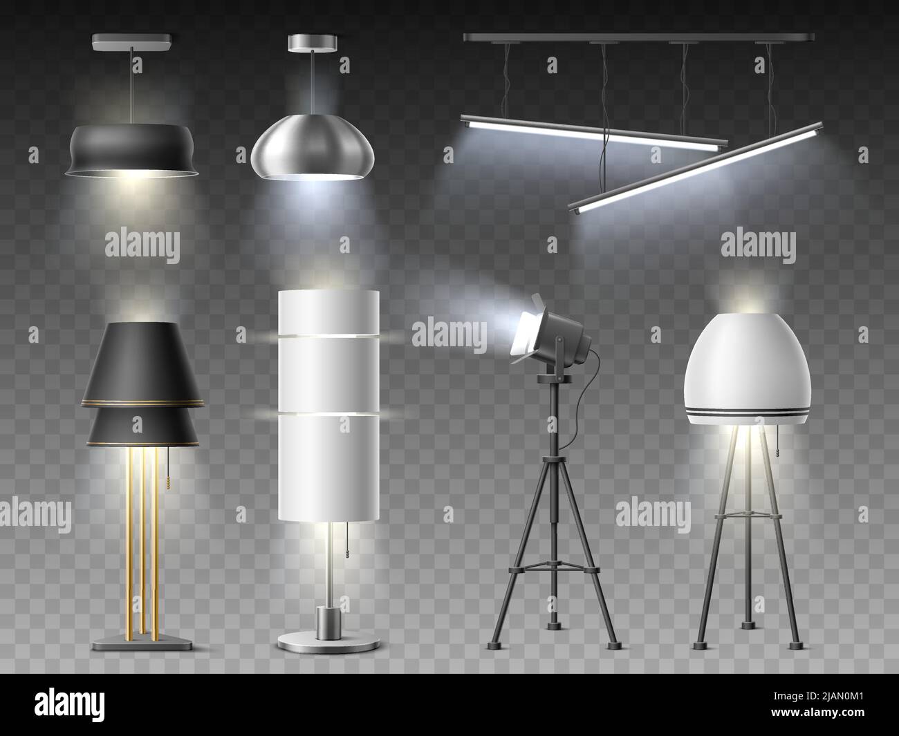 Realistic interior lamps. Different types room lights, chandeliers and ...