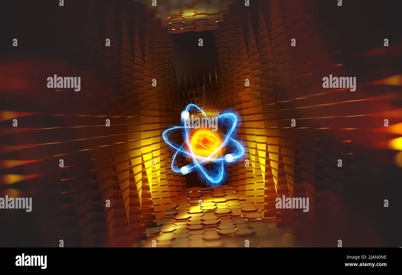 Atom. 3d illustration of an atomic reactor. Basis of universe. Study of ...