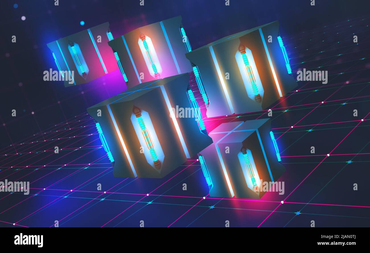 Bright neon light. Quantum processor concept. Blockchain technology in ...