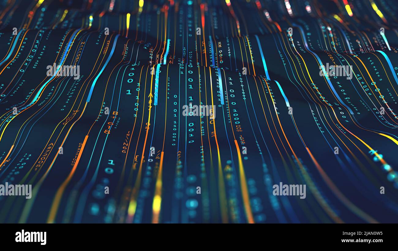 Wavy field, lines with a digital code. Digital structure, big data ...