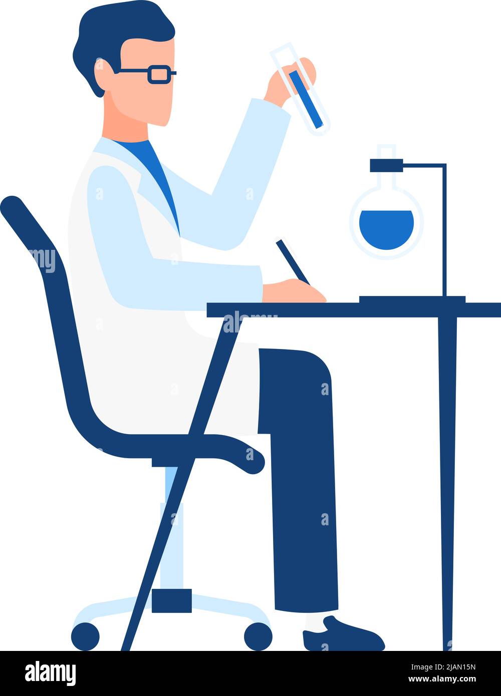 Scientist character. Man sits at desk, working with chemicals in test ...