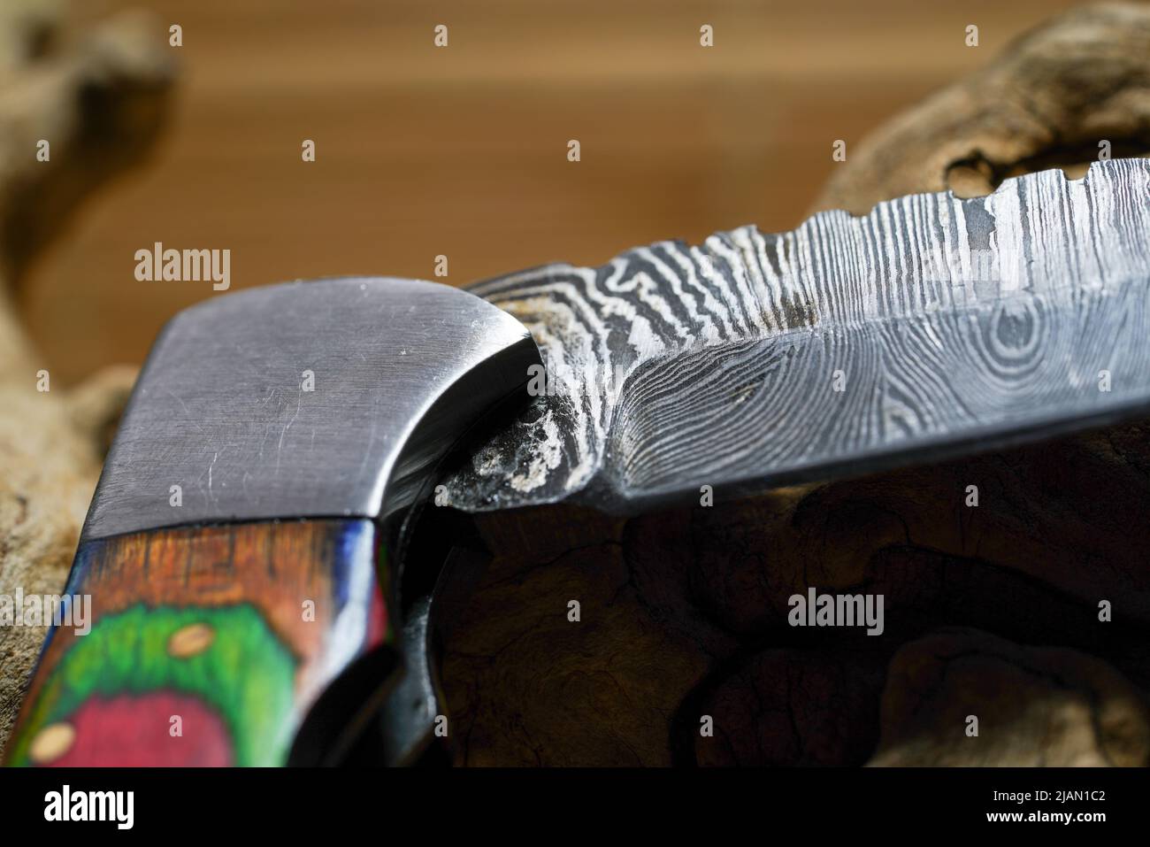 Damask hand-forged knife made of several layers of steel with an ...