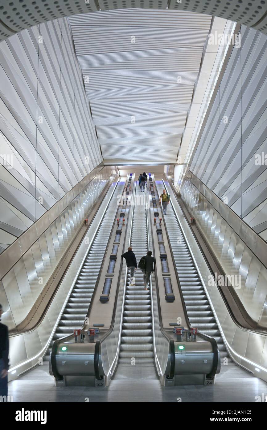 London, UK. The newly opened Elizabeth Line (Crossrail). View up the ...
