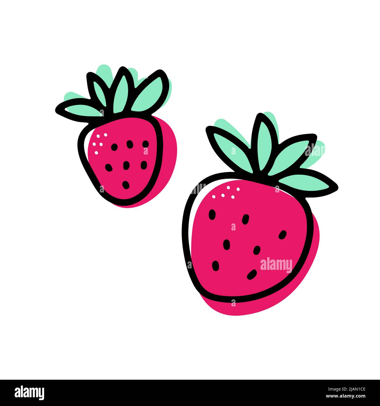 Doodle ripe strawberry. Pink berries with leaves isolated on white ...