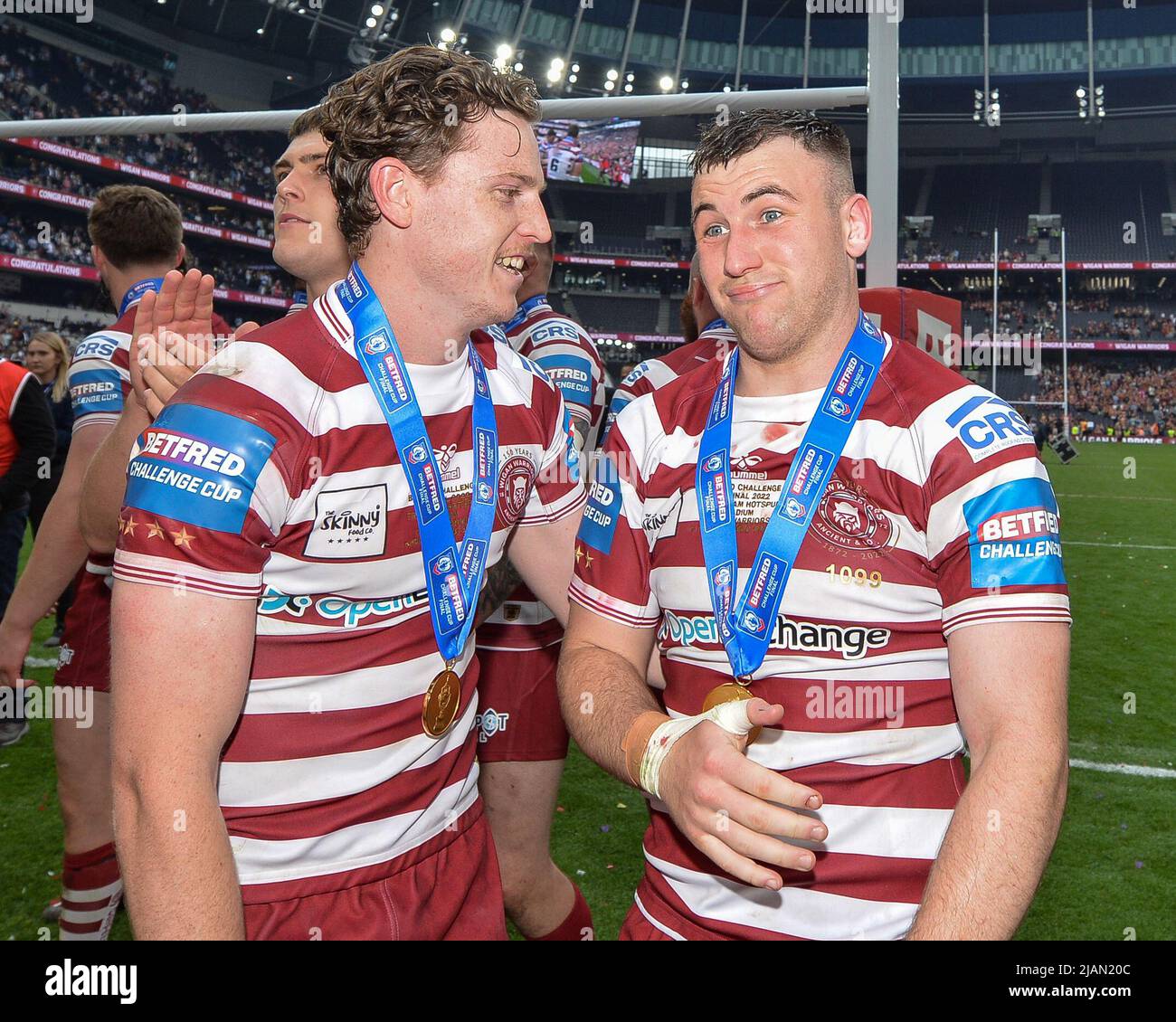 London, England - 28th May 2022 - Jai Field of Wigan Warriors and Harry ...