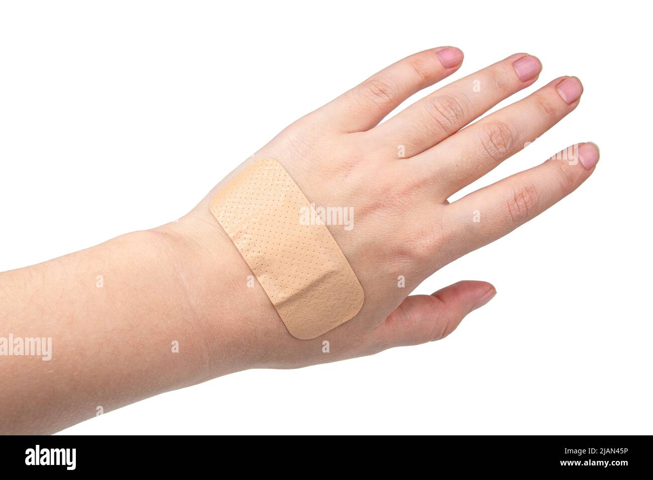 Medical patch plaster on woman hand isolated on the white background ...