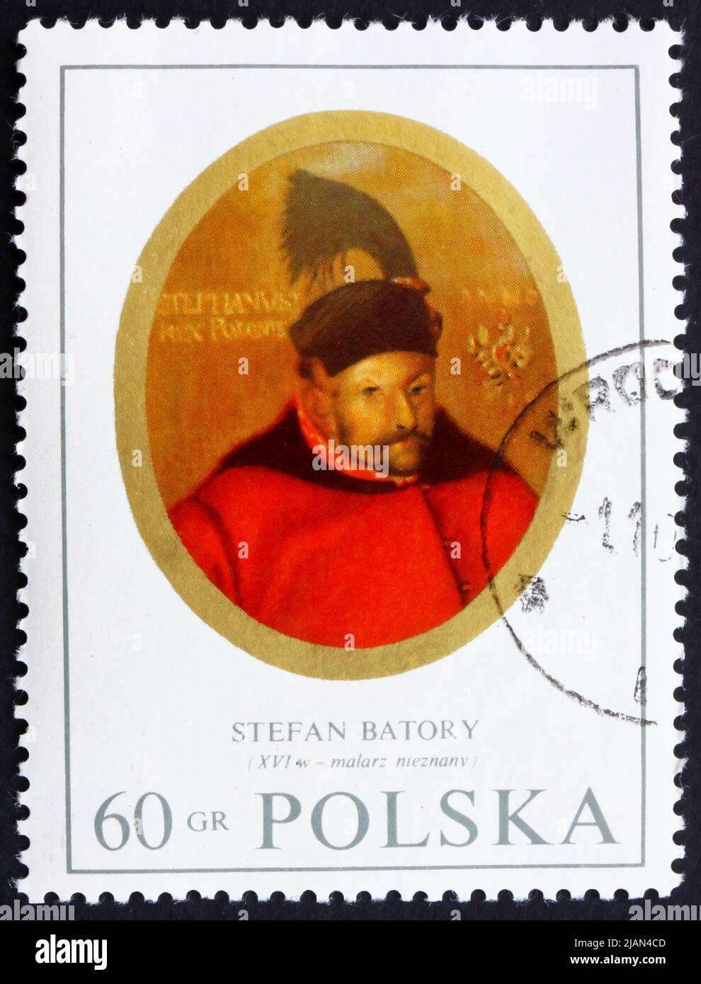 POLAND - CIRCA 1970: a stamp printed in the Poland shows King Stefan Batory, Painting by ...