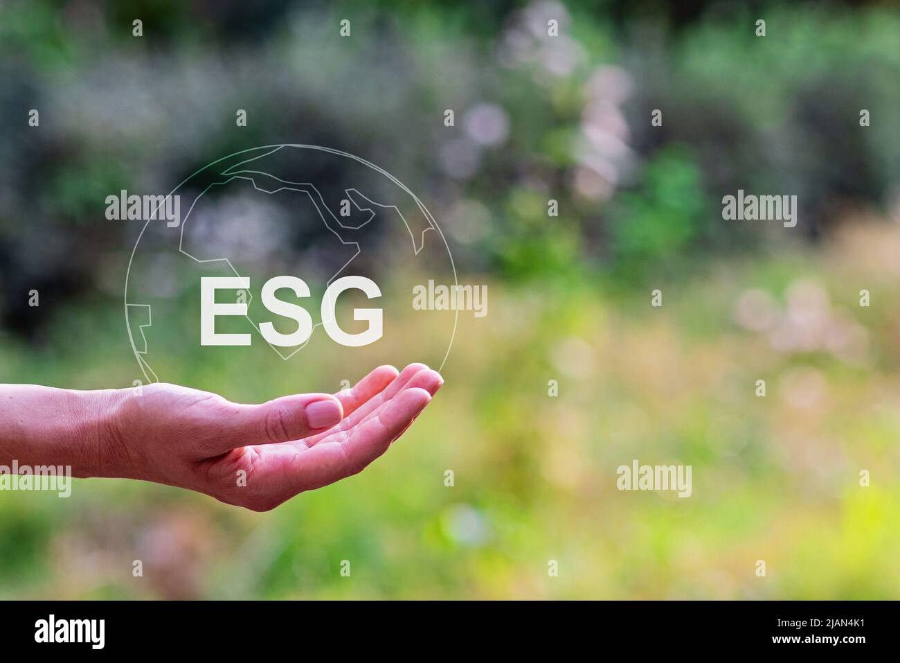 Woman Hand holding earth ESG icon for Environment Social and Governance ...