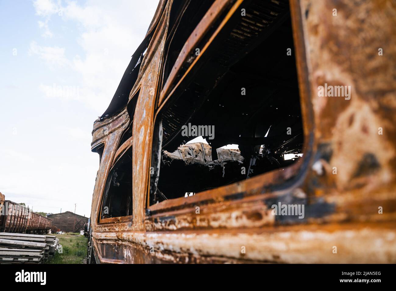 Exploded trains and wagons at the railway station in the city of ...