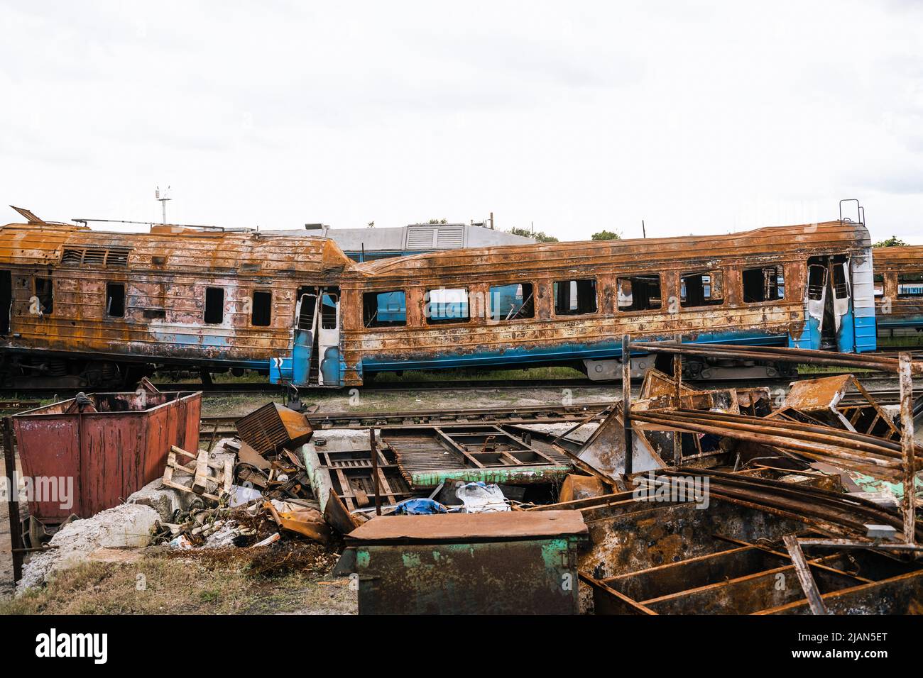 Exploded trains and wagons at the railway station in the city of ...