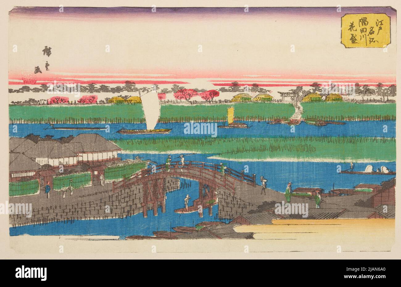 The Sumidagawa River. Blooming flowers, from the series: Famous views ...