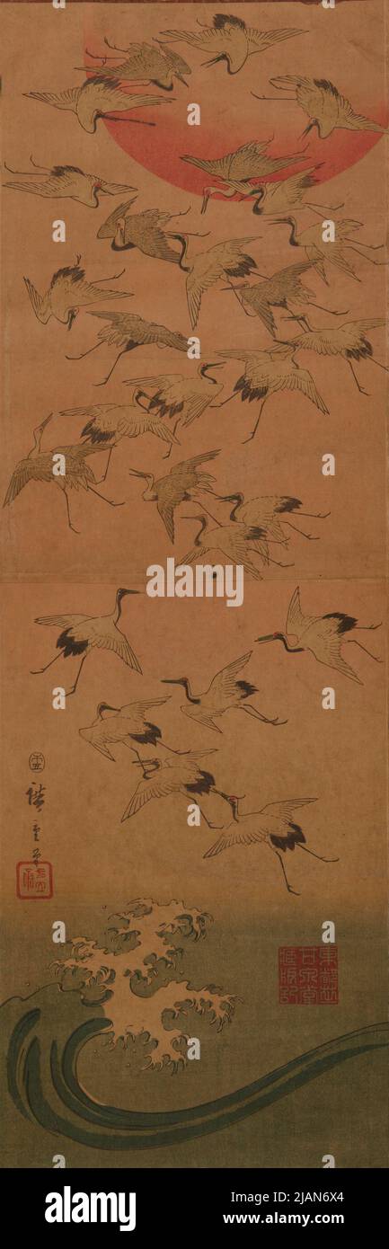 Flock of cranes on the background of the sun and a wave HIROSHIGE ...
