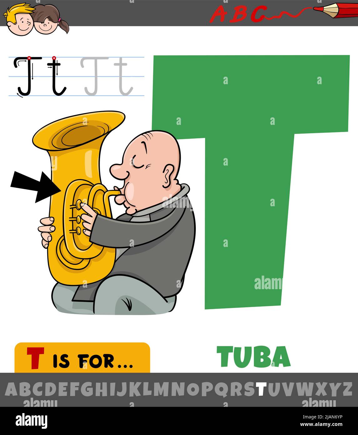 Educational cartoon illustration of letter T from alphabet with tuba ...