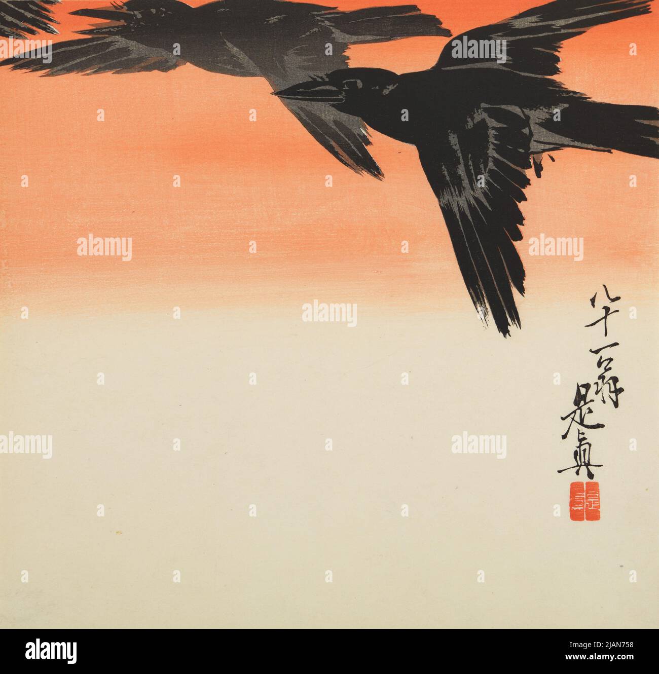 Two ravens flying on the background of an orange sky Zeshin, Shibata ...