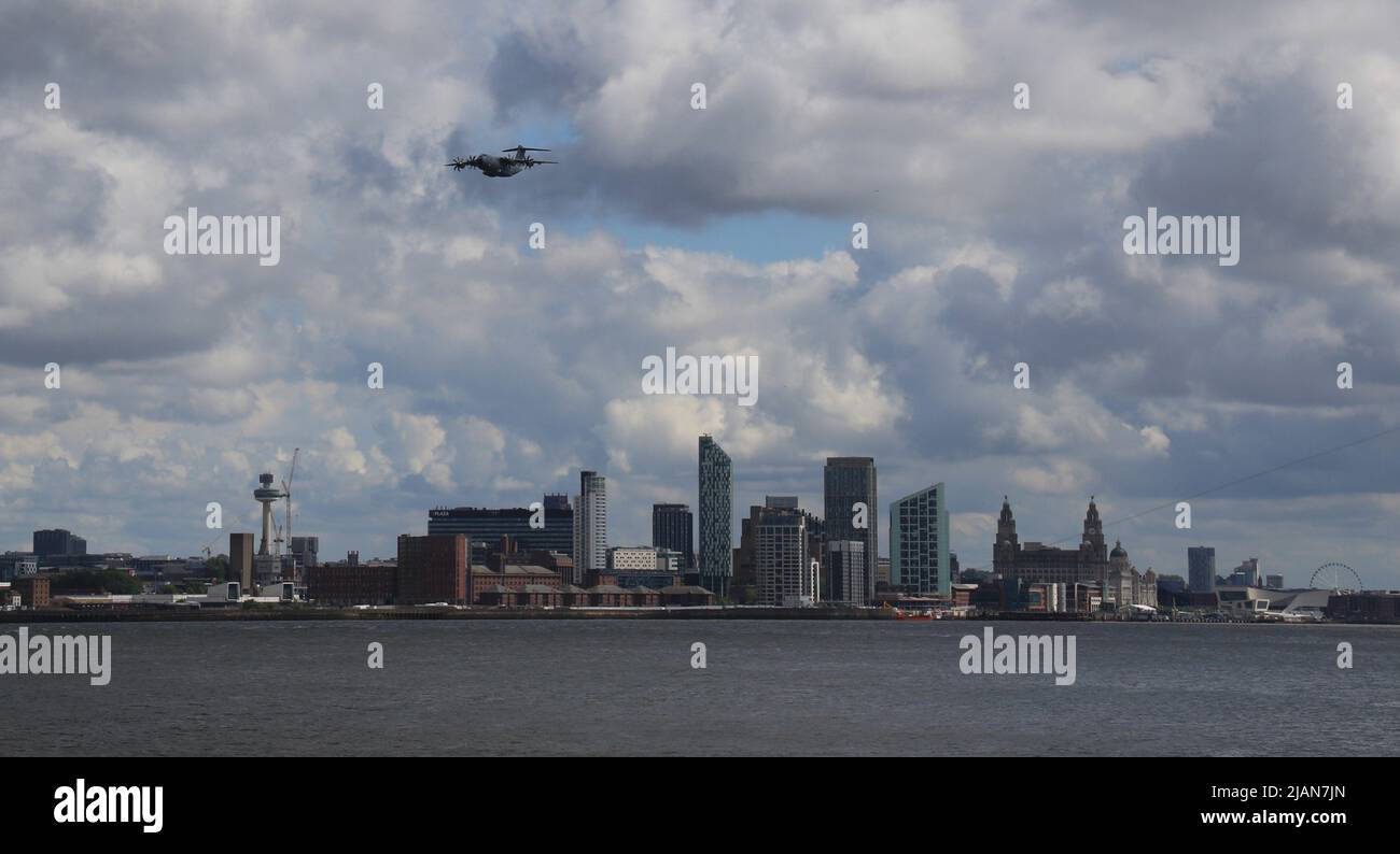 Wirral,31st May 2022 Military aircraft Airbus A400M flies over River ...