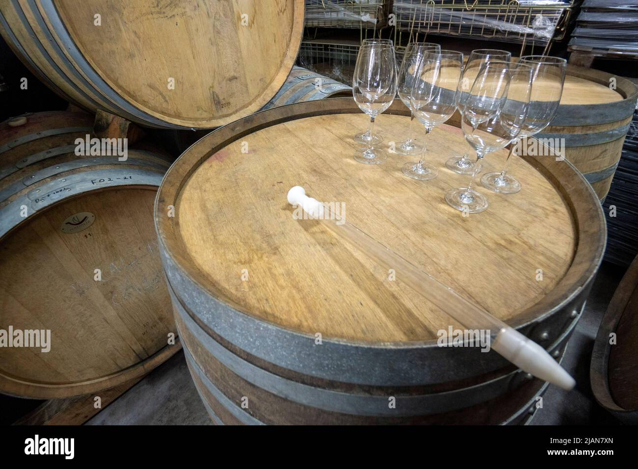 Pipette and glasses on top of a wooden barrel inside a winery cellar ...