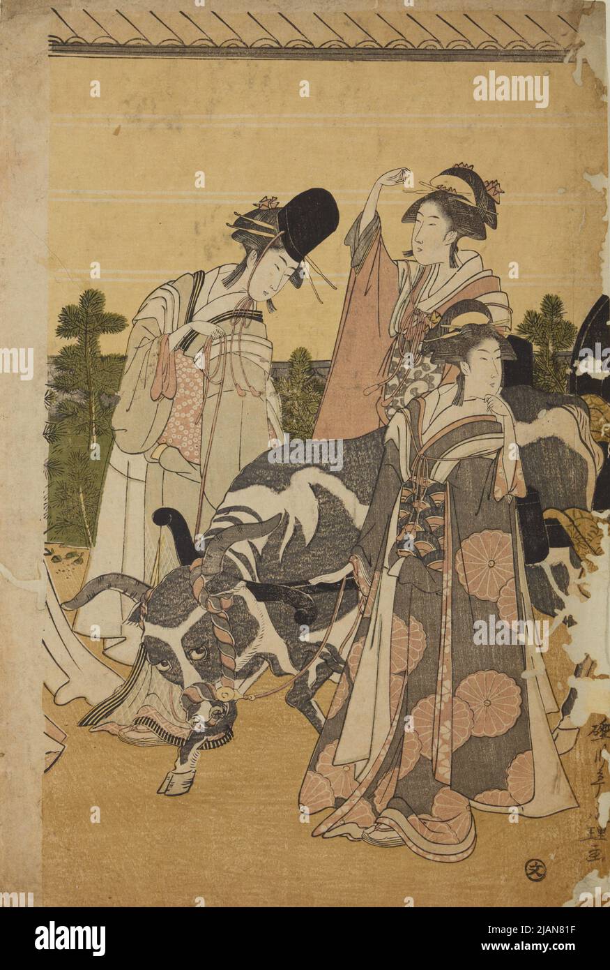 Three women in a parade with a harnessed ox Eiri, Rekisentei (FL.1790 ...