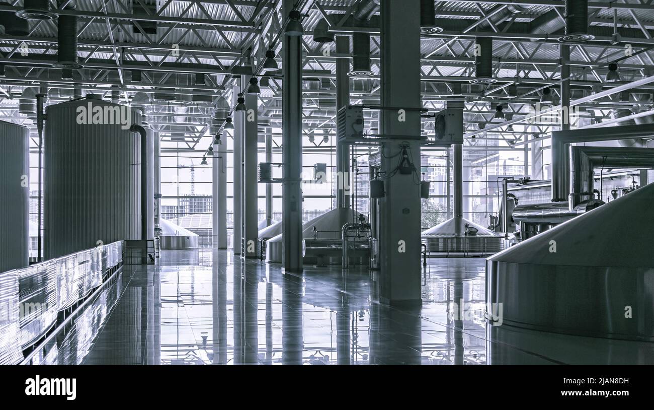 Modern interior of a beer factory mash vats metal containers Stock ...