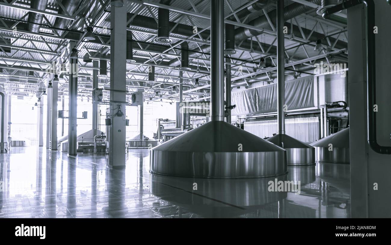 Modern interior of a beer factory mash vats metal containers Stock ...