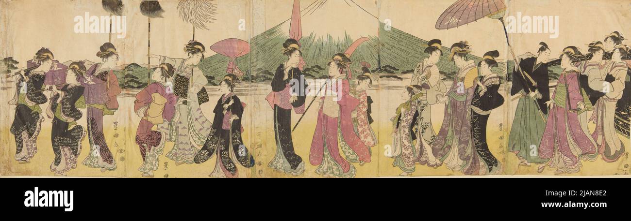Procession of women with horsetails on the background of Mount Fuji ...