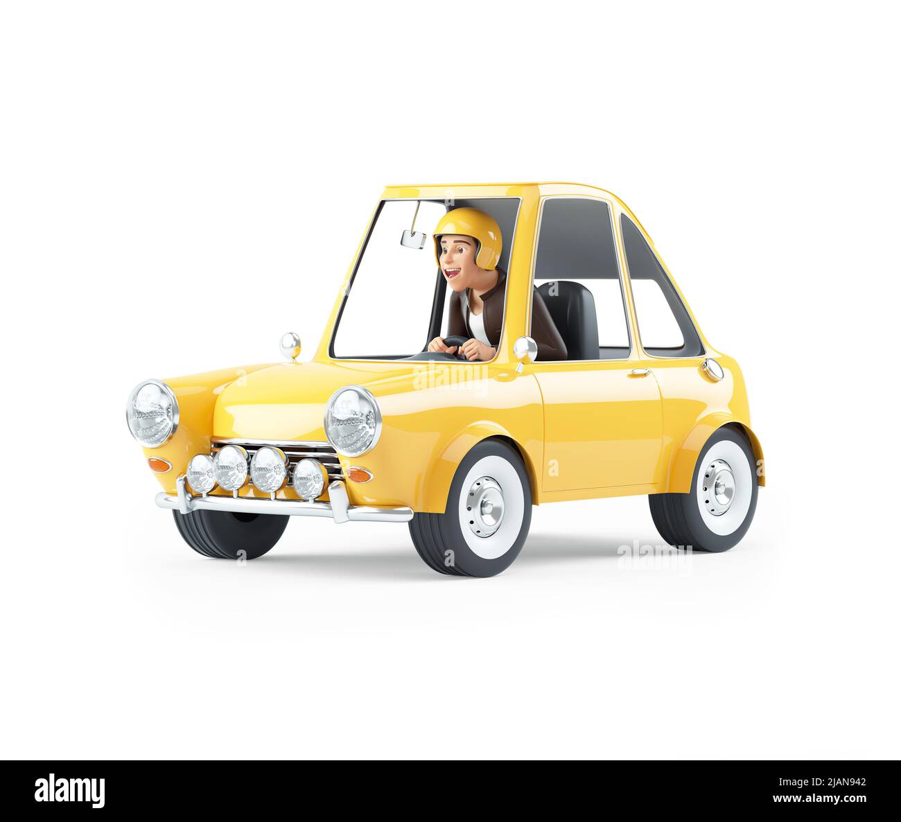 3d cartoon man driving racing car, illustration isolated on white ...