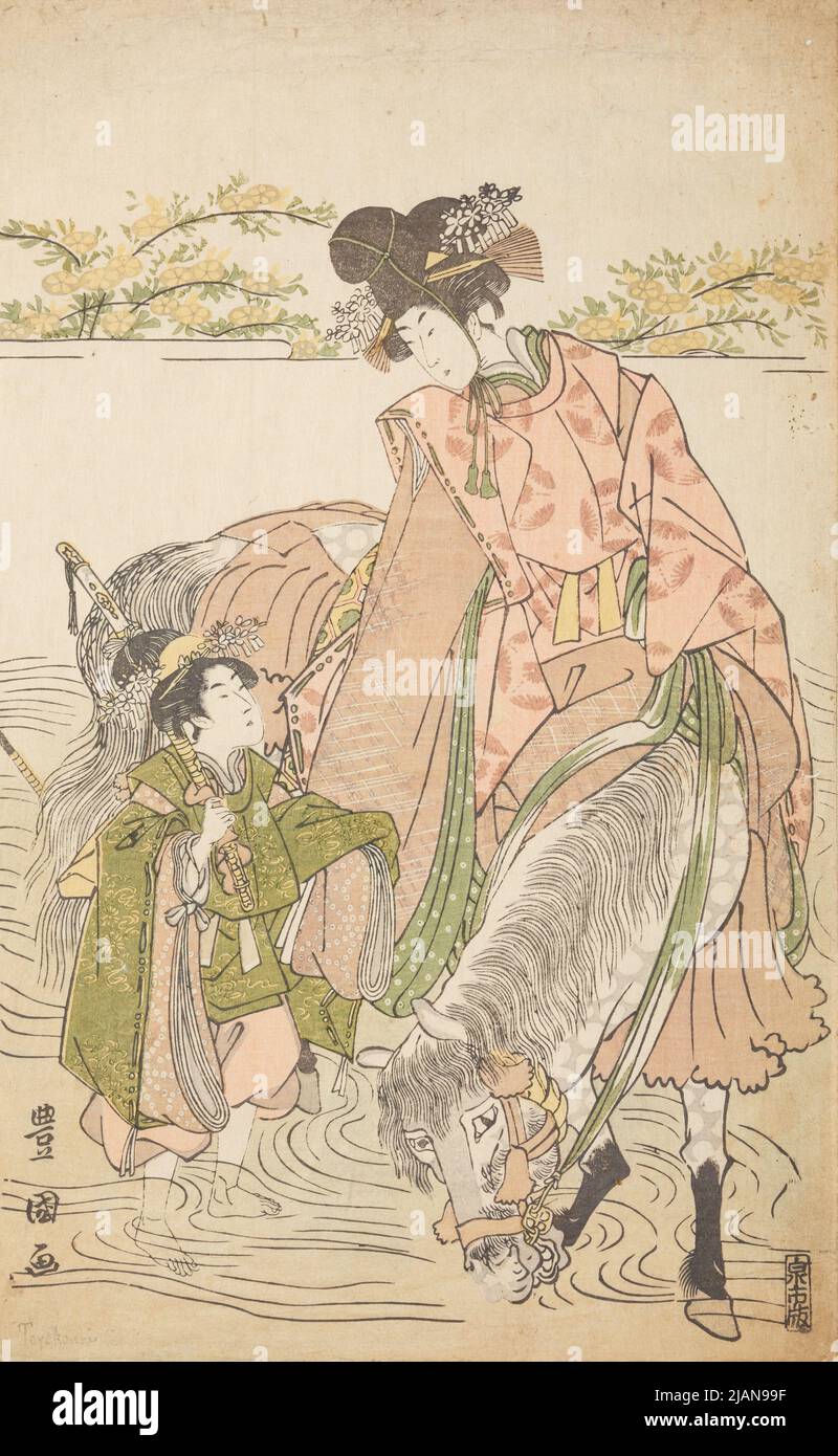 Distinguished lady on a horse drinking water from a stream Utagawa ...