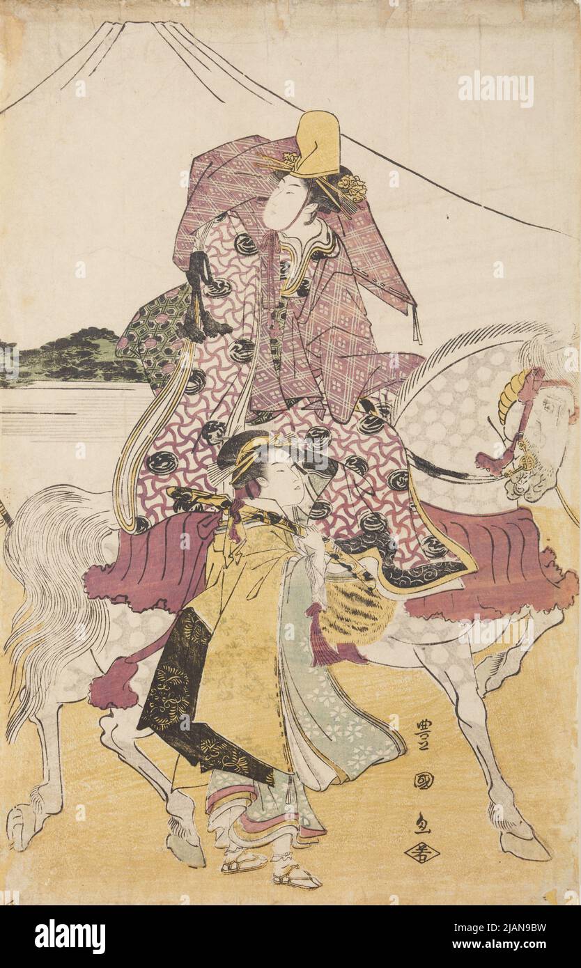 Lady on a horse and a servant on the background of Mount Fuji Utagawa ...