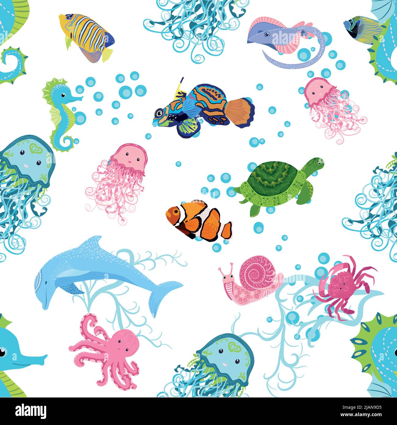 Marine life, fish, animals bright seamless pattern. sea travel ...