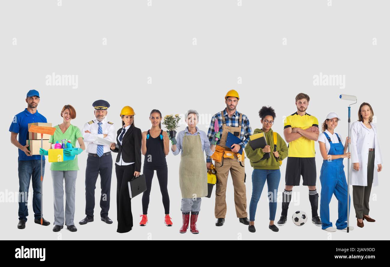 Diverse professions people isolated on gray background with copy space ...
