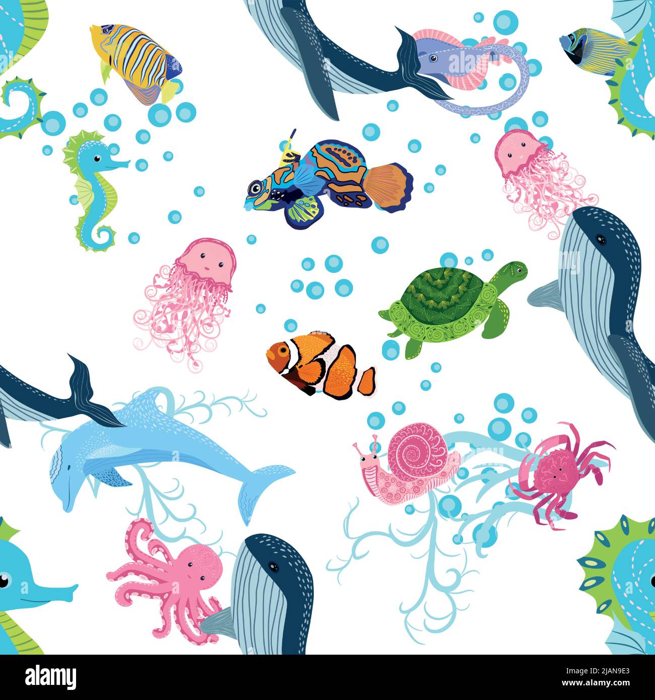 Marine life, fish, animals bright seamless pattern. sea travel ...